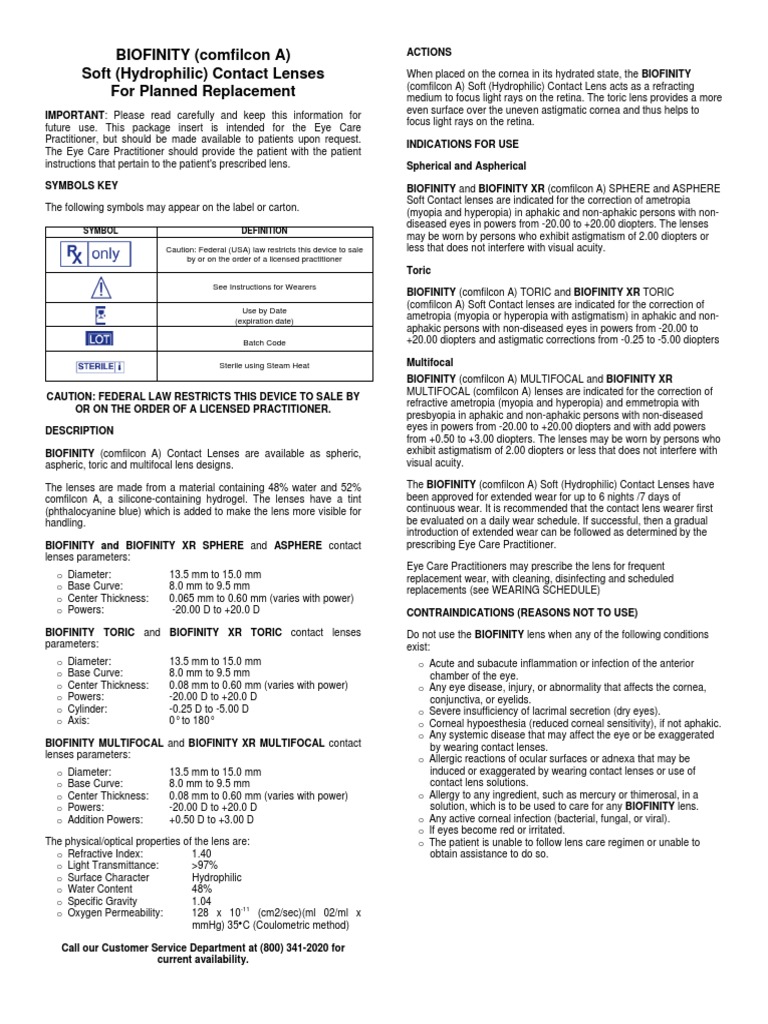 LF0125A - Package Insert - Comfilcon A - Biofinity - Sphere Toric ...