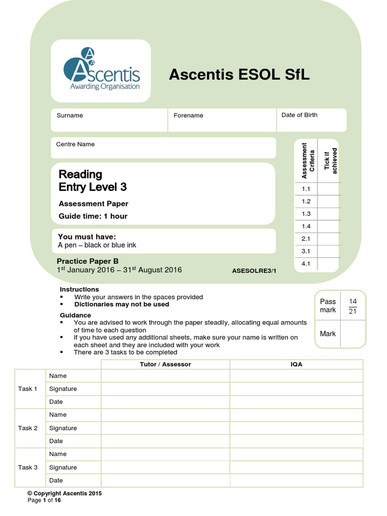 ESOL - Entry 3 - Reading Candidate Paper - Practice Paper B | PDF ...
