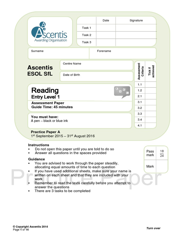 ESOL - Entry 1 - Reading Candidate Paper - Practice Paper A | PDF