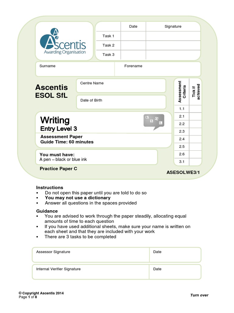 ESOL - Entry 3 - Writing Candidate Paper - Practice Paper C 2 | PDF ...