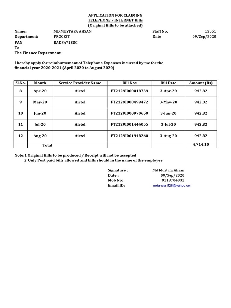 Telephone Bills Format 2020-2021 | PDF