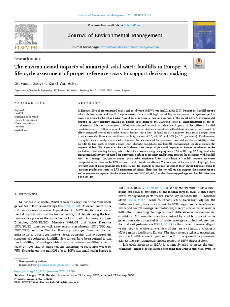 Journal of Environmental Management: Giovanna Sauve, Karel Van Acker ...