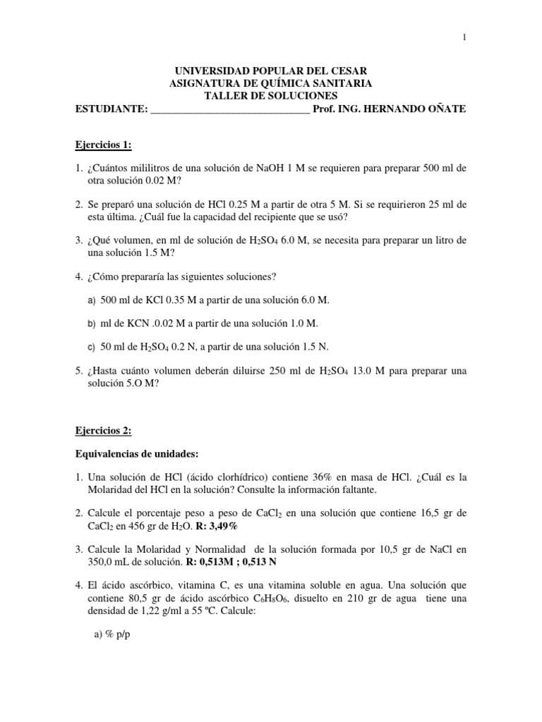 Taller de Soluciones PDF | PDF | Concentración | Ácido clorhídrico
