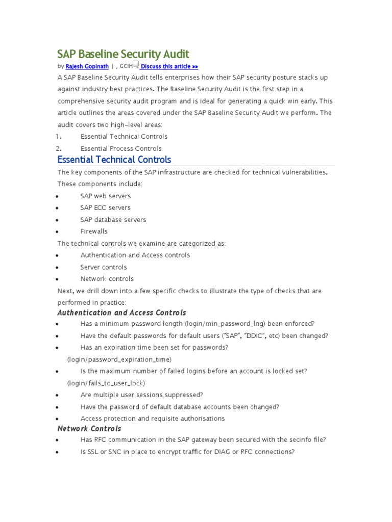 SAP Baseline Security Audit: Essential Technical Controls | PDF ...