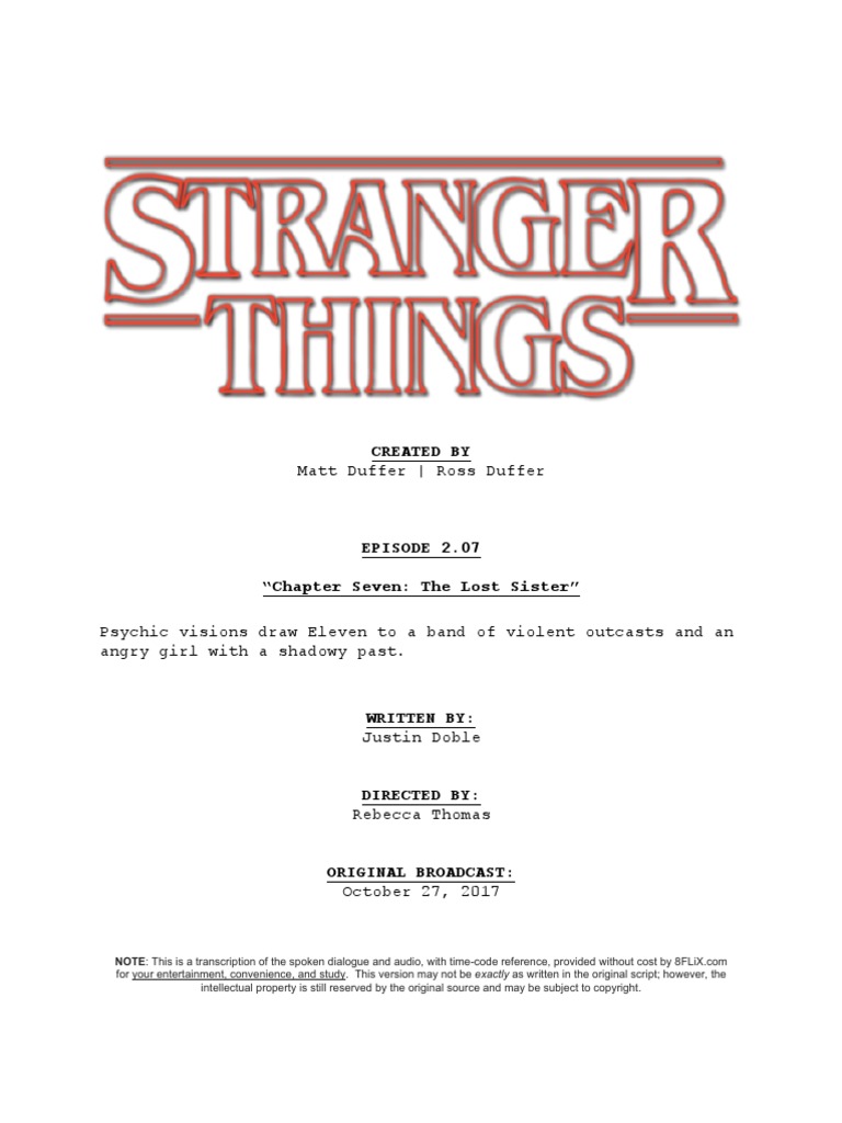 Stranger Things Episode Script 2 07 Chapter Seven The Lost Sister | PDF