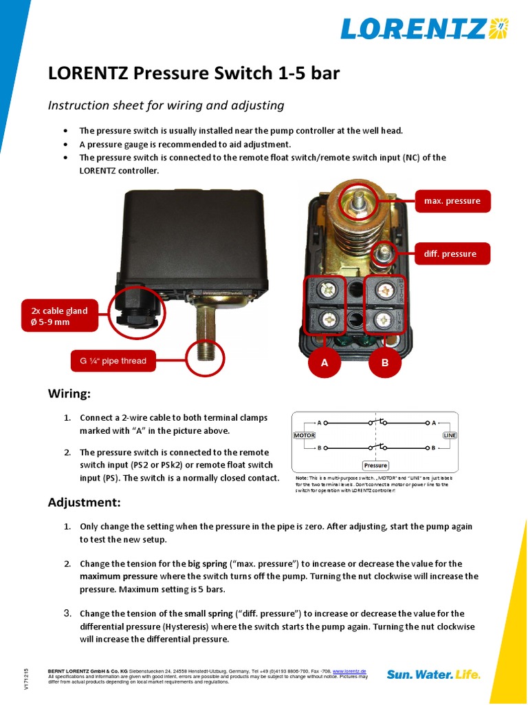 LORENTZ Pressure Switch Setup Guide | PDF | Switch | Electrical Wiring