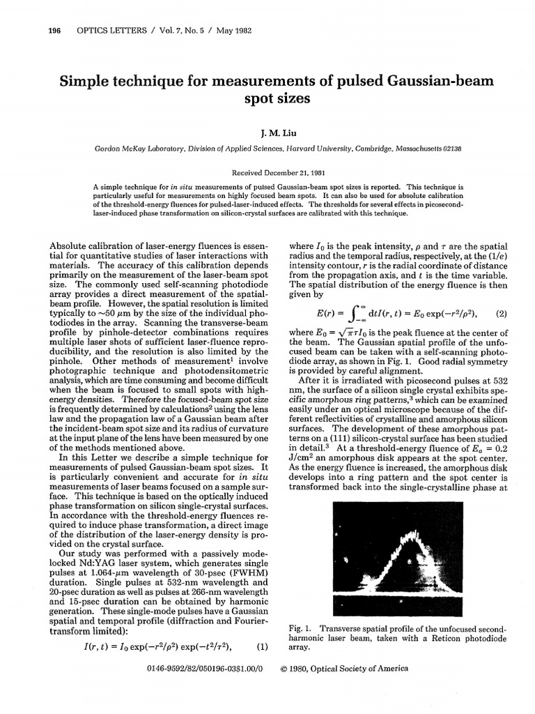 Simple technique for measurements of pulsed Gaussian-beam spot sizes ...