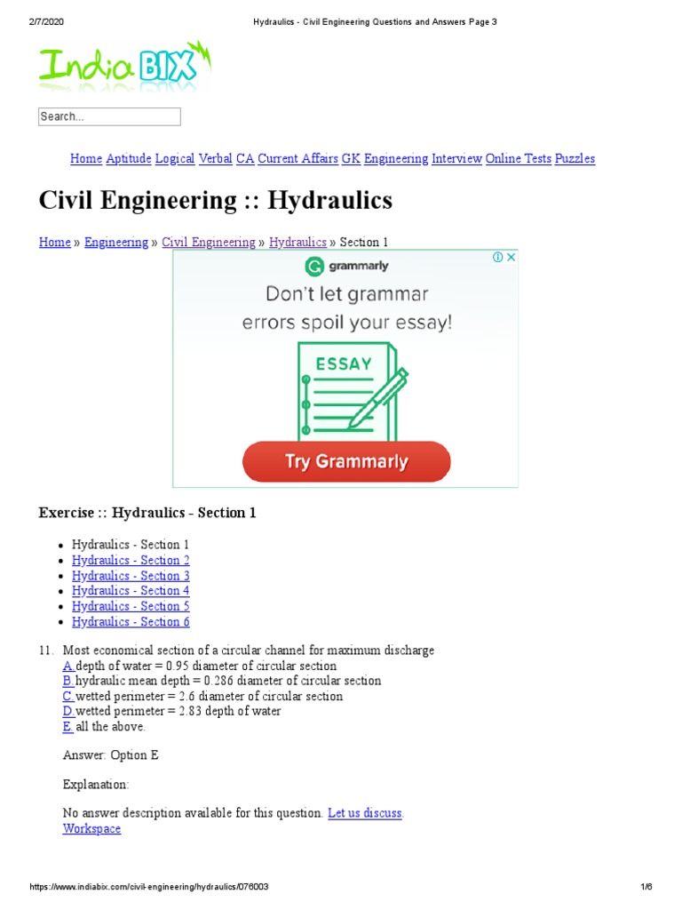 Hydraulics - Civil Engineering Questions and Answers Page 3 | PDF ...