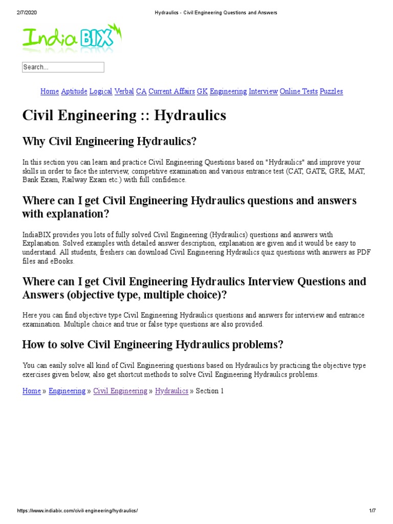 Hydraulics - Civil Engineering Questions and Answers | PDF