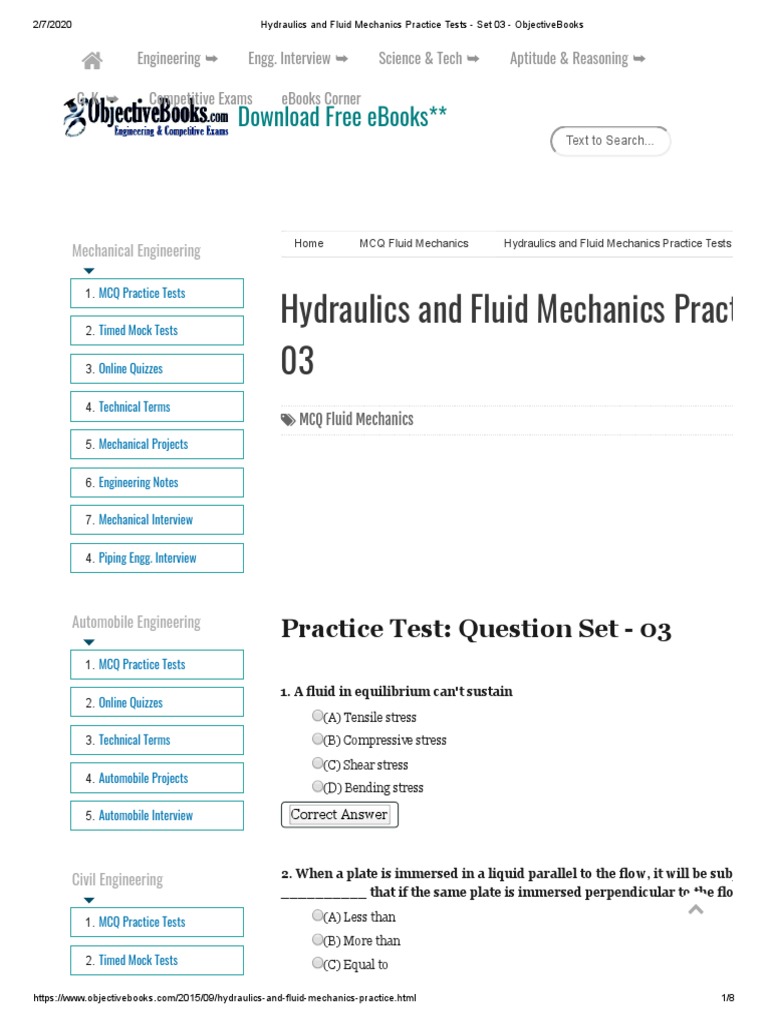 Hydraulics and Fluid Mechanics Practice Tests - Set 03 - ObjectiveBooks ...