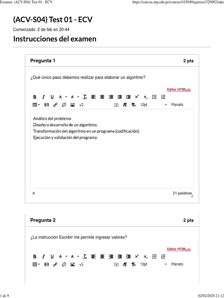 Examen - (ACV-S04) Test 01 - ECV PDF | PDF | Algoritmos | Ingeniería ...