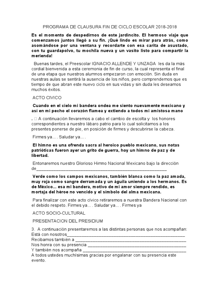 Programa de Clausura Fin de Ciclo Escolar 2018 | PDF