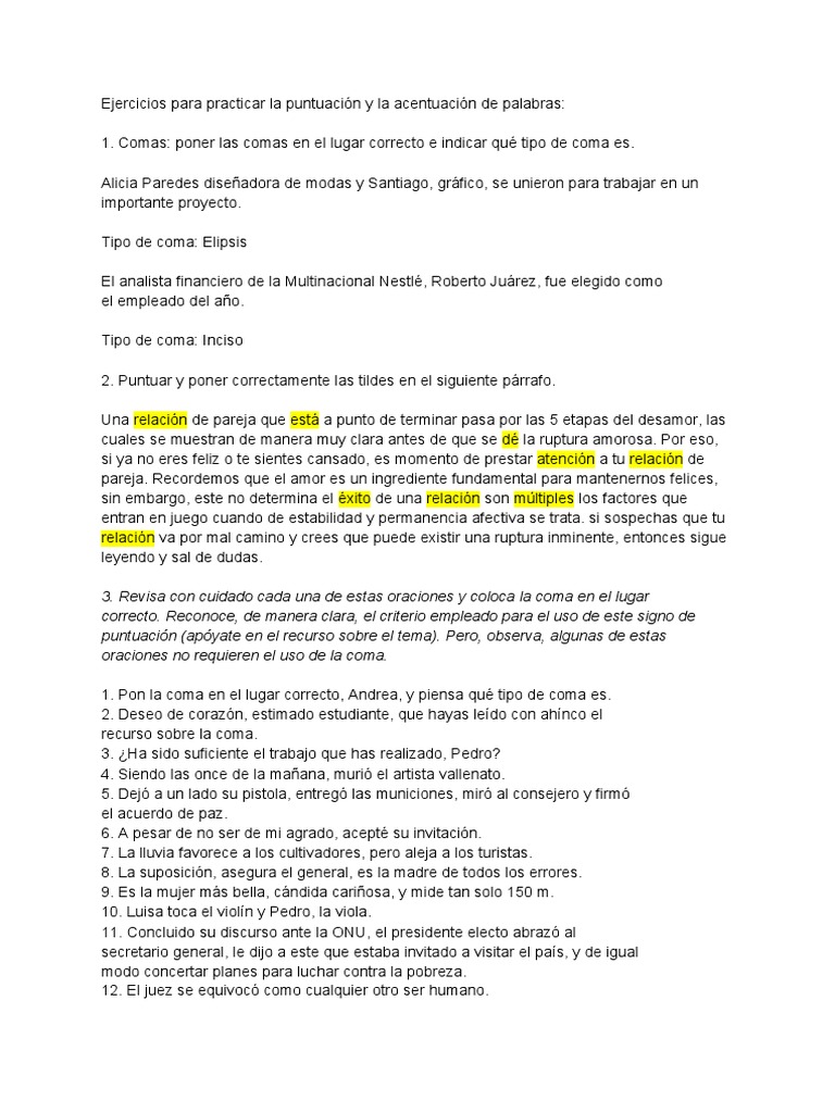 Ejercicios de puntuación y acentuación: práctica de comas y tildes en ...