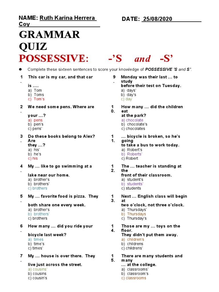 Possessive: - 'S - S': Grammar Quiz | PDF