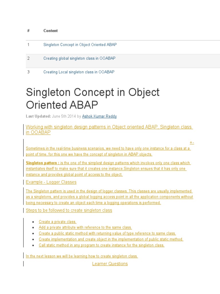 15.singleton Pattern On ABAP Objects | PDF | Class (Computer Programming) | Method (Computer ...