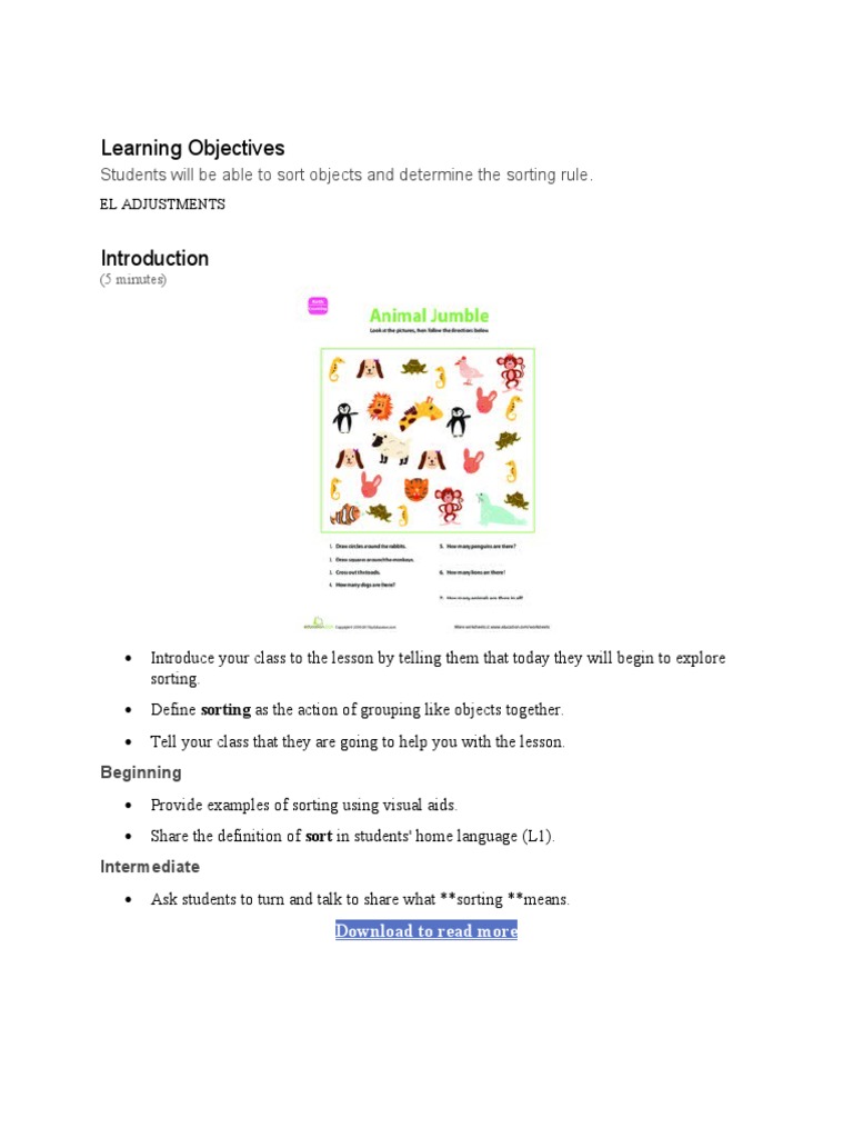 Learning Objectives: Students Will Be Able To Sort Objects and ...