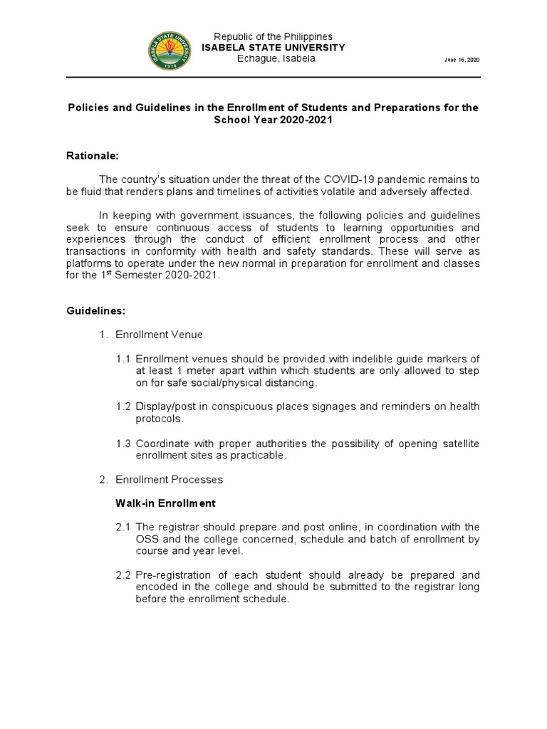 Policies and Guidelines in The Enrollment of Students and Preparations ...