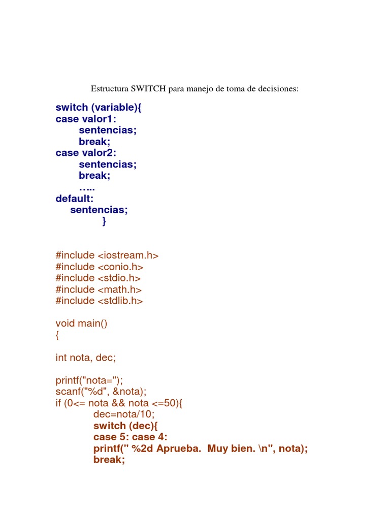 Estructura SWITCH | Descargar gratis PDF | Ecuaciones | Programación de computadoras