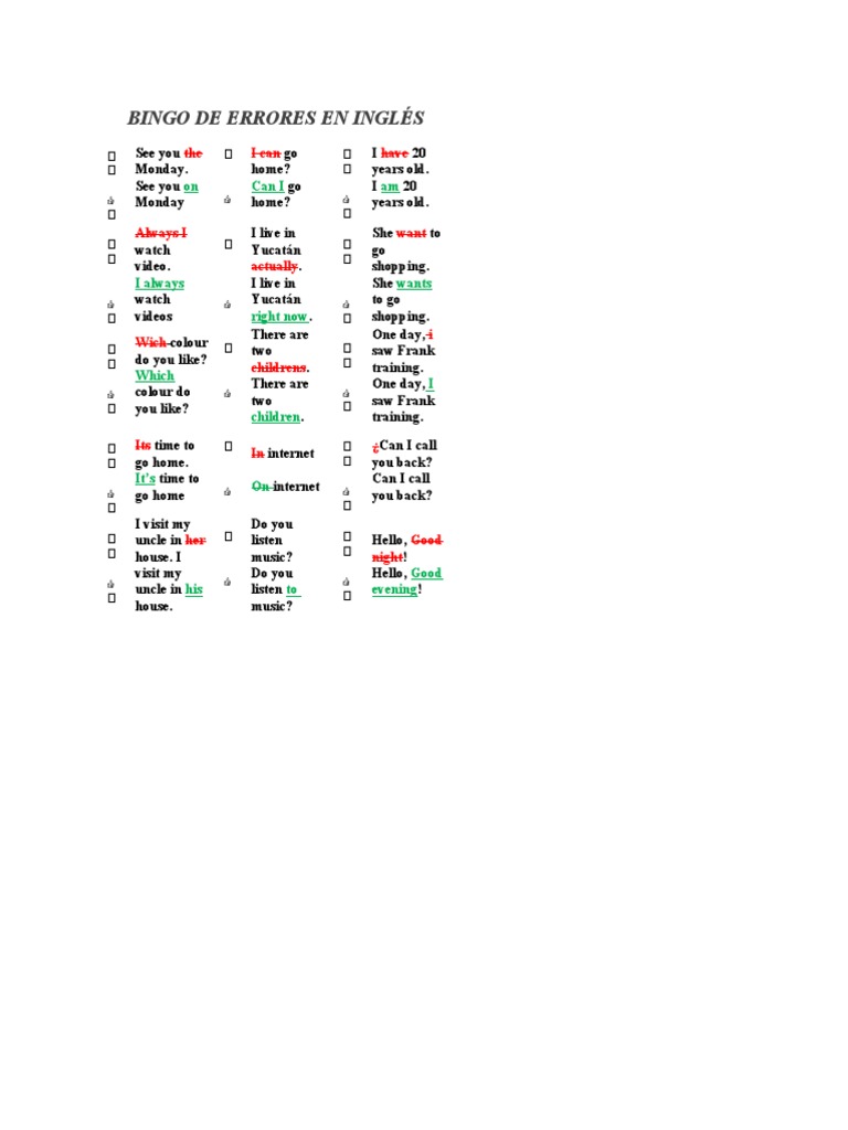 Common English Errors: A Bingo Game | PDF