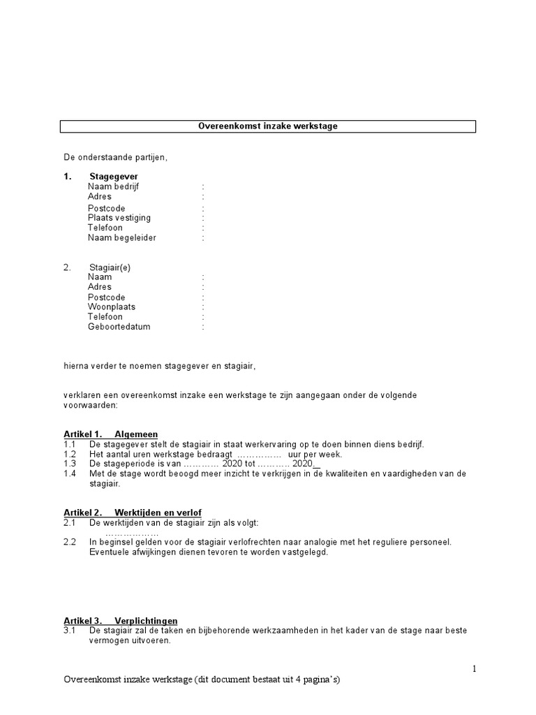 Stage Overeenkomst Voorbeeld | PDF