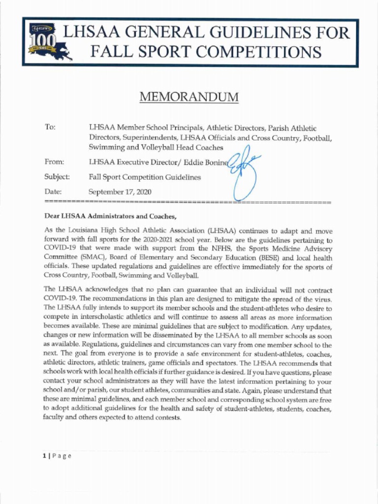 LHSAA Fall Sports Guidelines | PDF