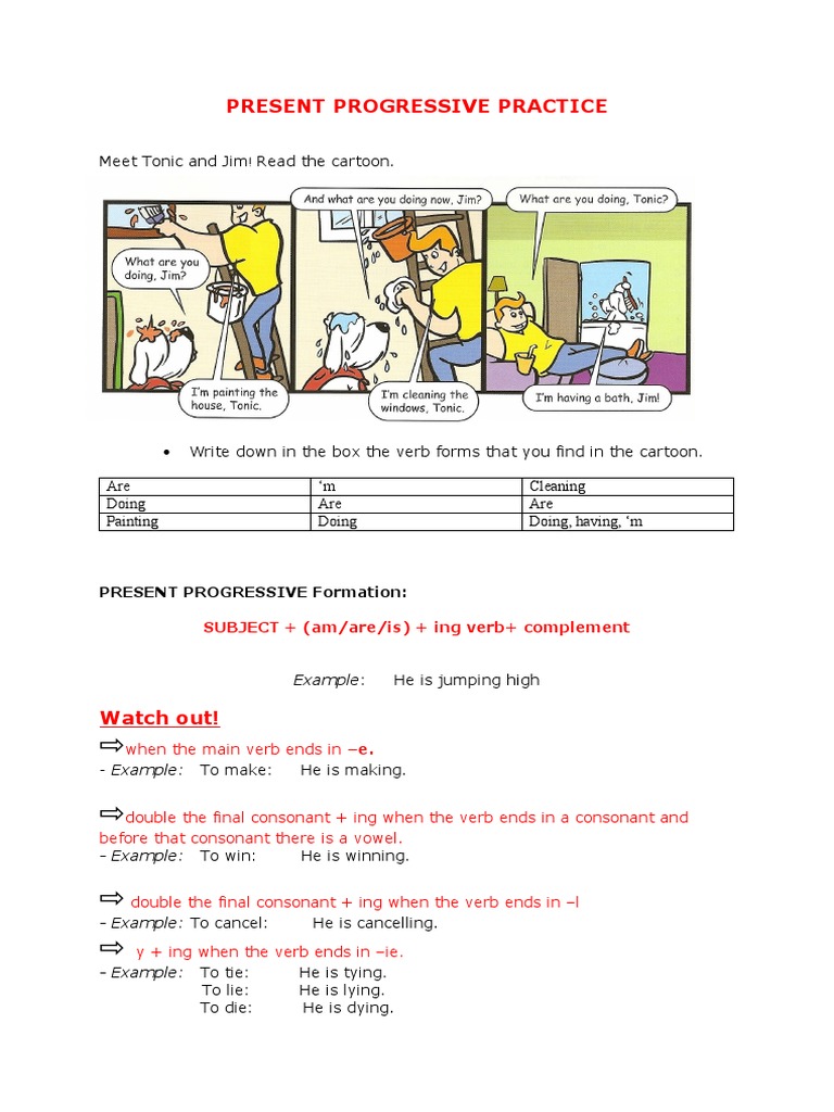Present Progressive Practice Guide | PDF | Linguistics | Language Families