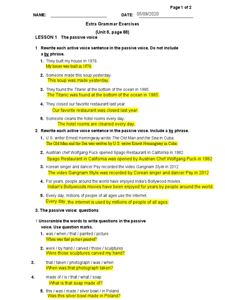 Extra Grammar Exercises (Unit 8, Page 88) Lesson 1: The Passive Voice | PDF | Language Arts ...