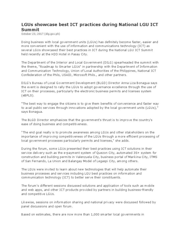 Lgus Showcase Best Ict Practices During National Lgu Ict Summit | PDF ...