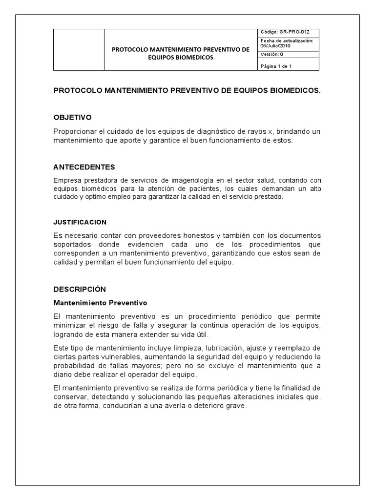 Protocolo Mantenimiento Preventivo de Equipos Biomedicos | PDF | Calibración | Imagenes medicas