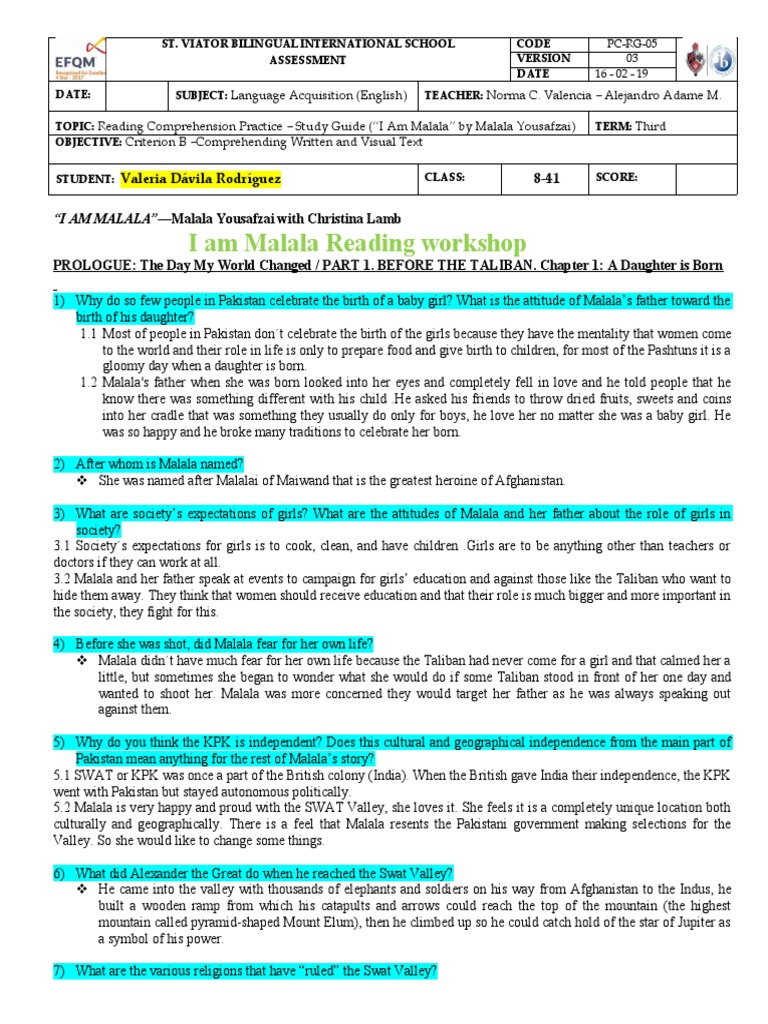I Am Malala Reading Workshop | PDF | Malala Yousafzai | Taliban