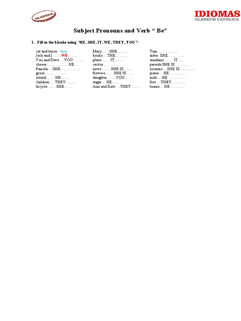 Subject Pronouns and Verb " Be": I. Fill in The Blanks Using "HE, SHE ...