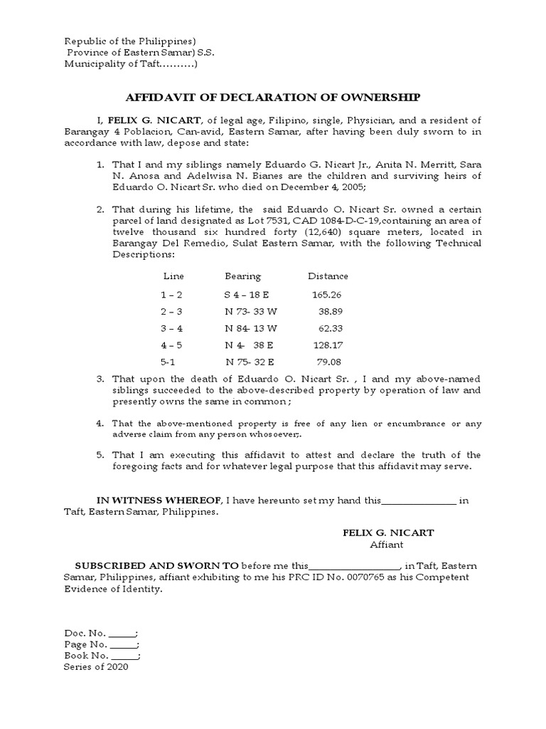 Declaration of Ownership and Heirship over a Parcel of Land in Barangay ...