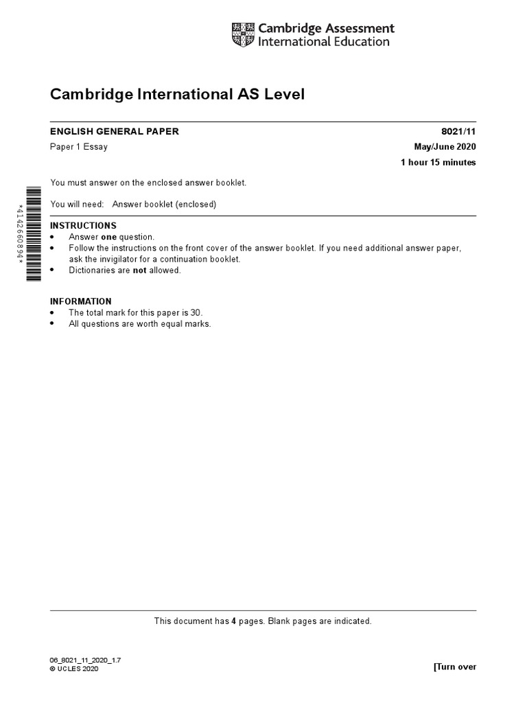 Cambridge International AS Level: 8021/11 English General Paper | PDF ...