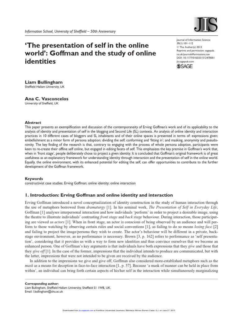 The Presentation of Self in The Online | PDF | Cognitive Science ...