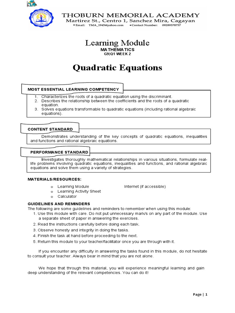 Quadratic Equations: Learning Module | PDF | Quadratic Equation | Numbers