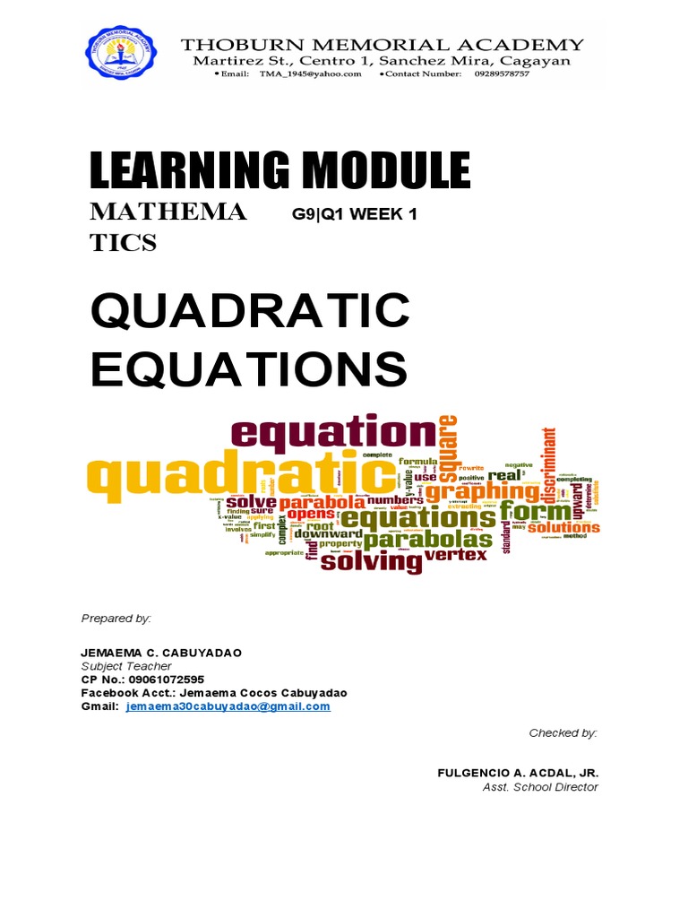 Learning Module: Quadratic Equations | PDF | Quadratic Equation | Equations