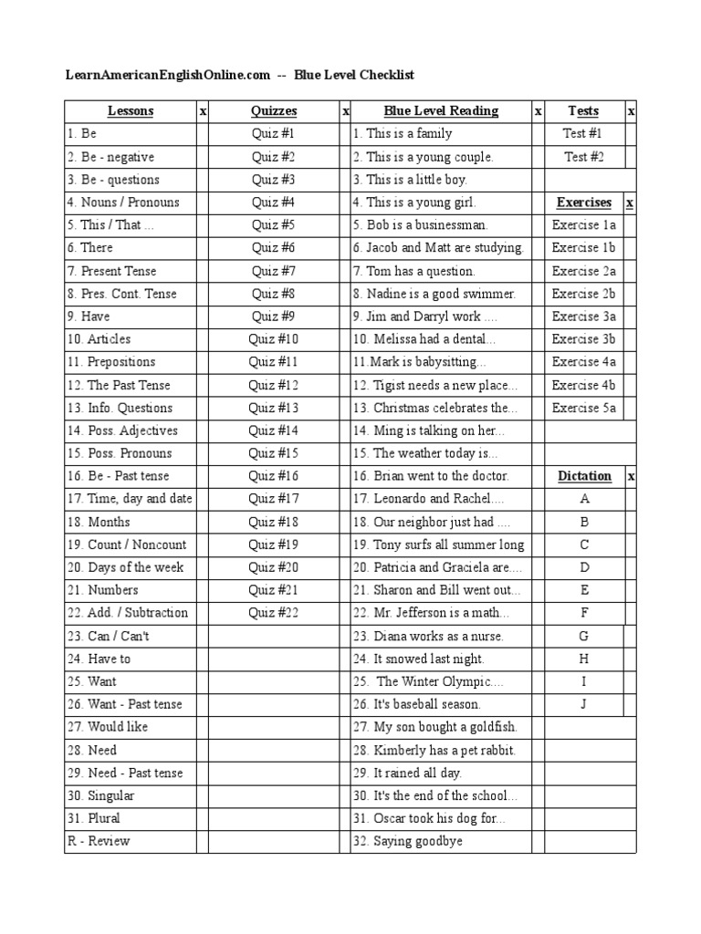 Blue Level English Progress Checklist | PDF | Quiz | Linguistic Morphology