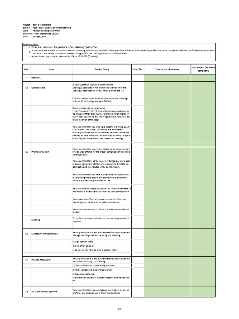 Tender Query-1 MEP-Now Engineering | PDF | Insurance | Specification ...