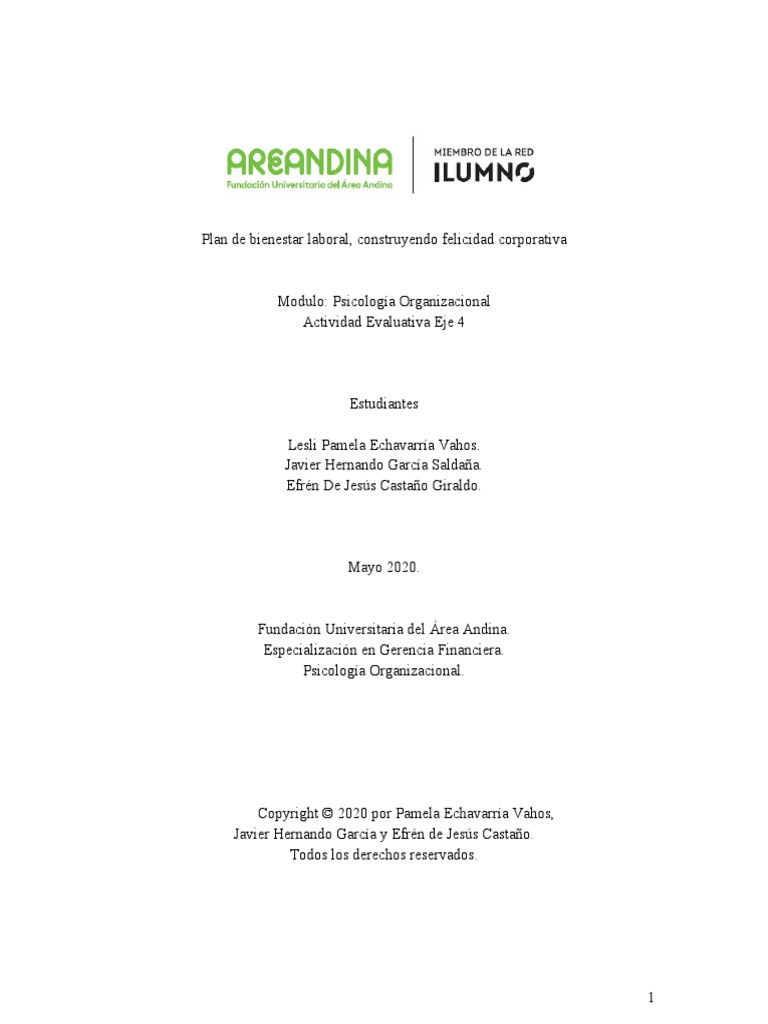Act. Eje 4 - Plan de Bienestar Laboral | PDF | Bienestar | Psicología industrial y organizacional