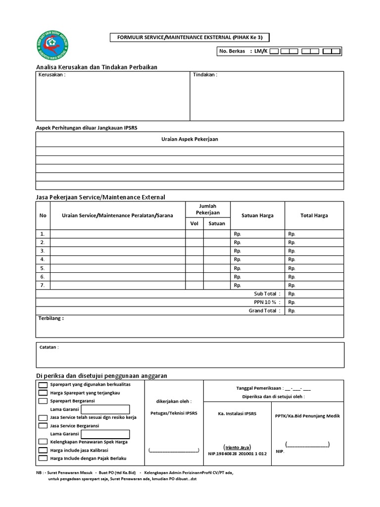 Formulir Service Maintenance Eksternal | PDF