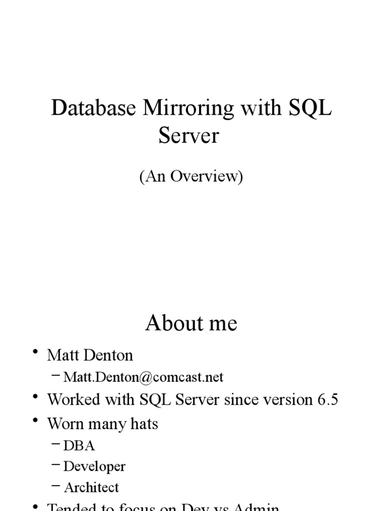 Database Mirroring With SQL Server: (An Overview) | PDF