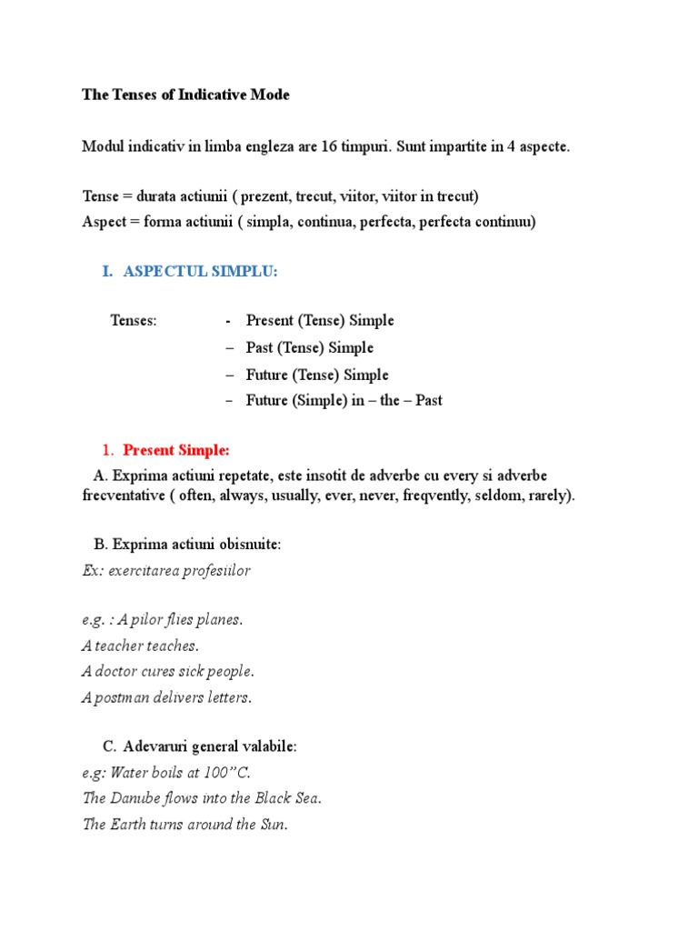 The Tenses of Indicative Mode: I. Aspectul Simplu | PDF | Human ...