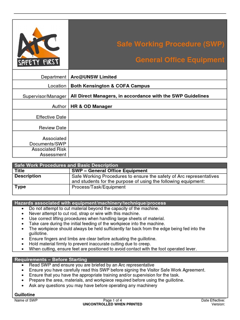 Safe Working Procedure (SWP) General Office Equipment: Safe Work ...