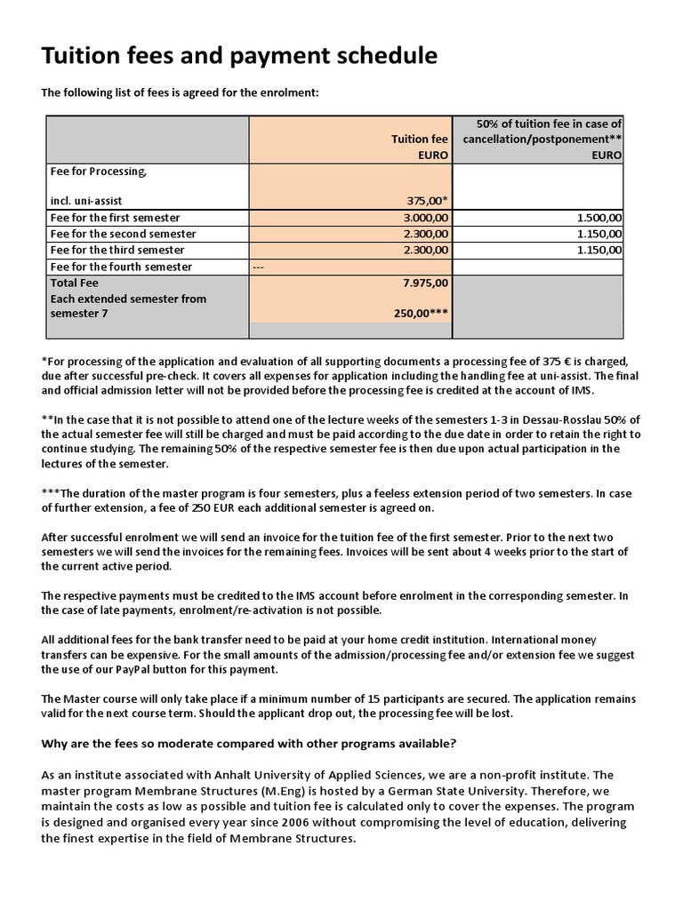 Tuition payment schedule and fees for Membrane Structures Master's ...