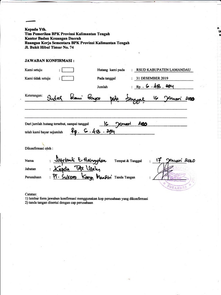 Form Konfirmasi Hutang PT. SKM Ke RSUD Lamandau | PDF