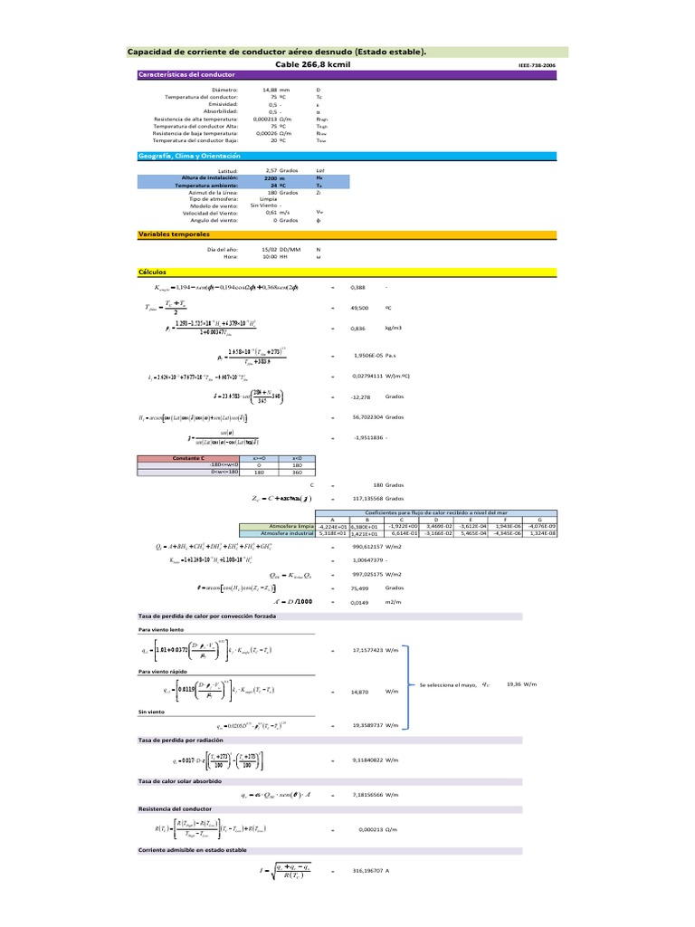 Cálculo de Conductor IEEE 738 2006 Cable 266.8 2200msnm 24C | PDF ...