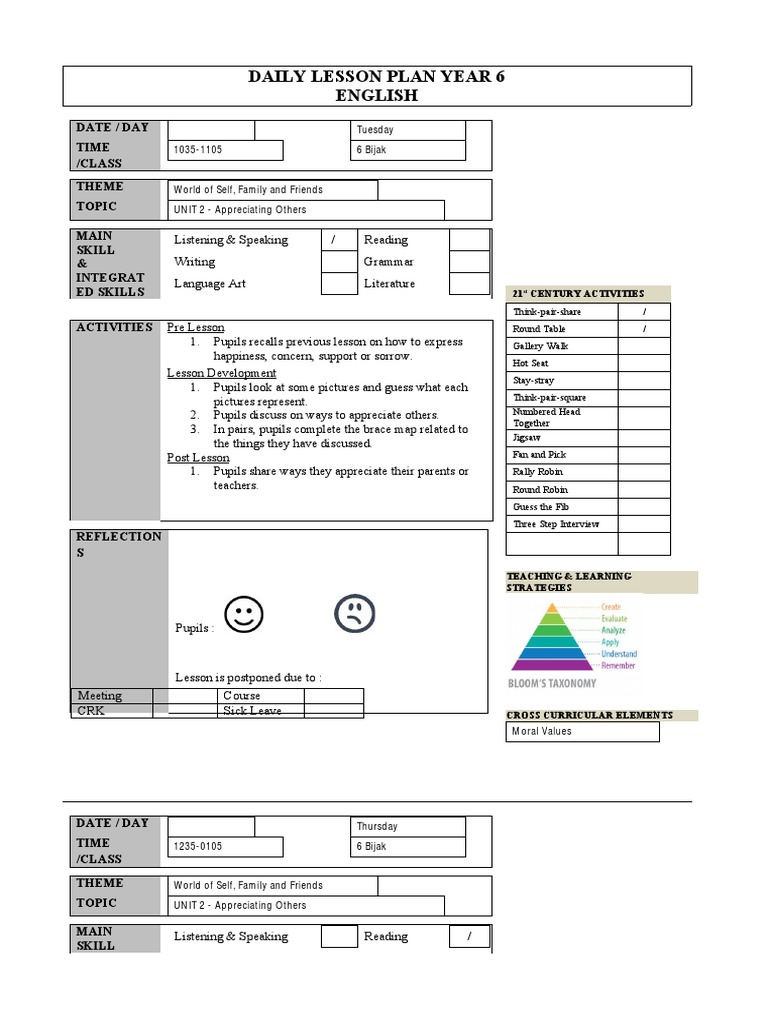Daily Lesson Plan Year 6 English: Date / Day Time /class Theme Topic ...