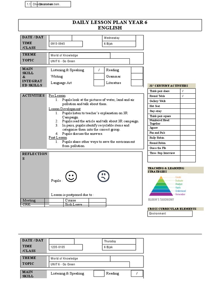 Daily Lesson Plan Year 6 English: Date / Day Time /class Theme Topic ...