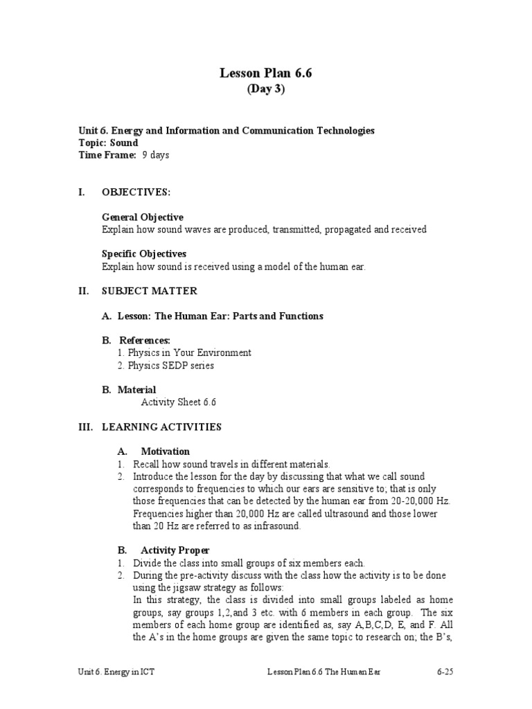 Lesson Plan 6.6 | PDF | Ear | Otorhinolaryngology
