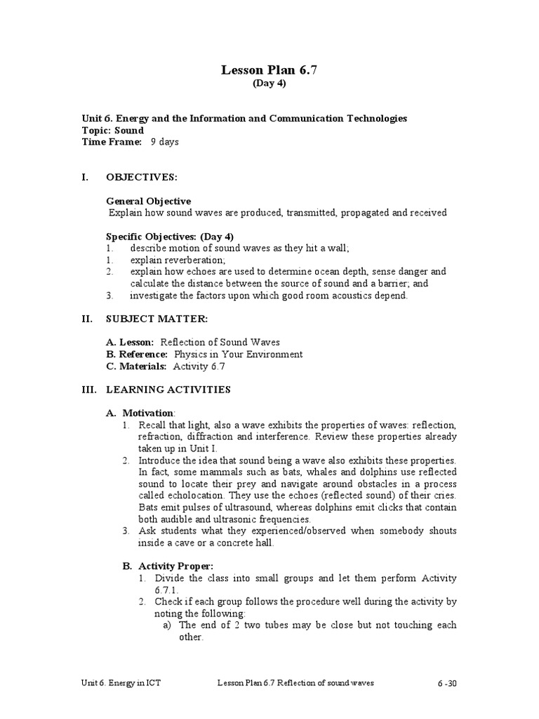 Lesson Plan 6.7 | PDF | Reflection (Physics) | Ultrasound